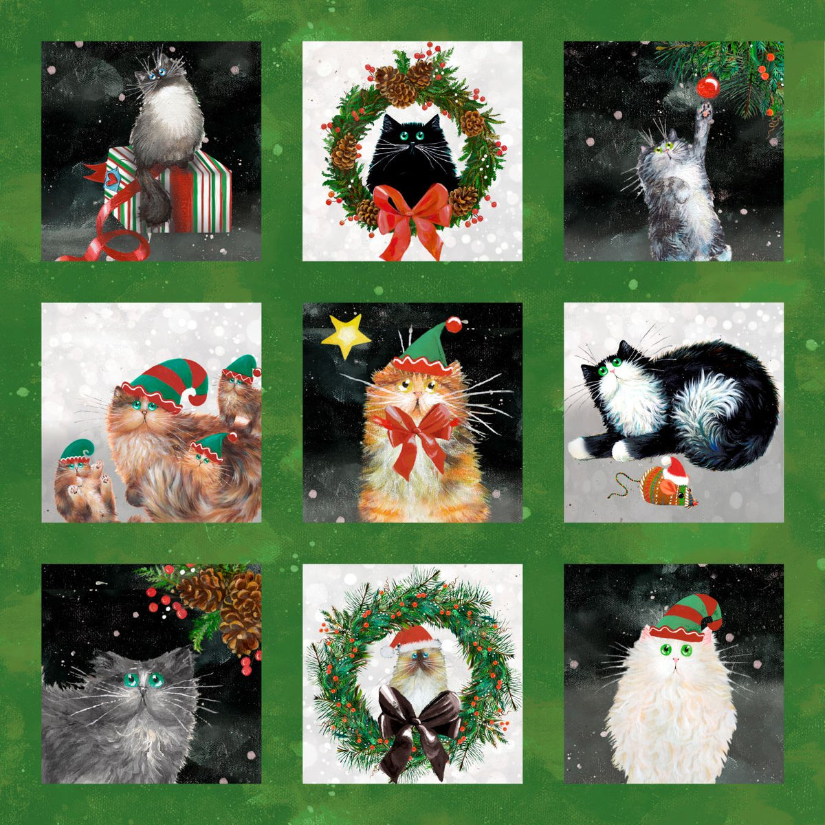 Meowy Christmas Panel - Festive Felines Pine — Fabric Shack