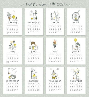 Whimsicals - Happy Days 2021 Calendar Panel White — Fabric Shack